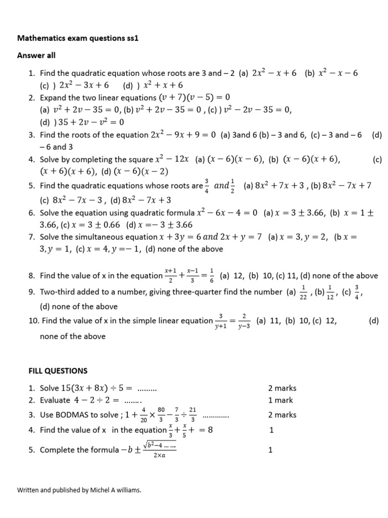 Mathematics EXAM questions | PDF | Quadratic Equation | Mathematical ...