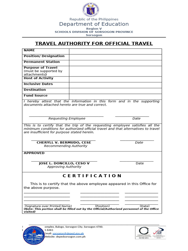 Travel Authority for Official Travel | PDF