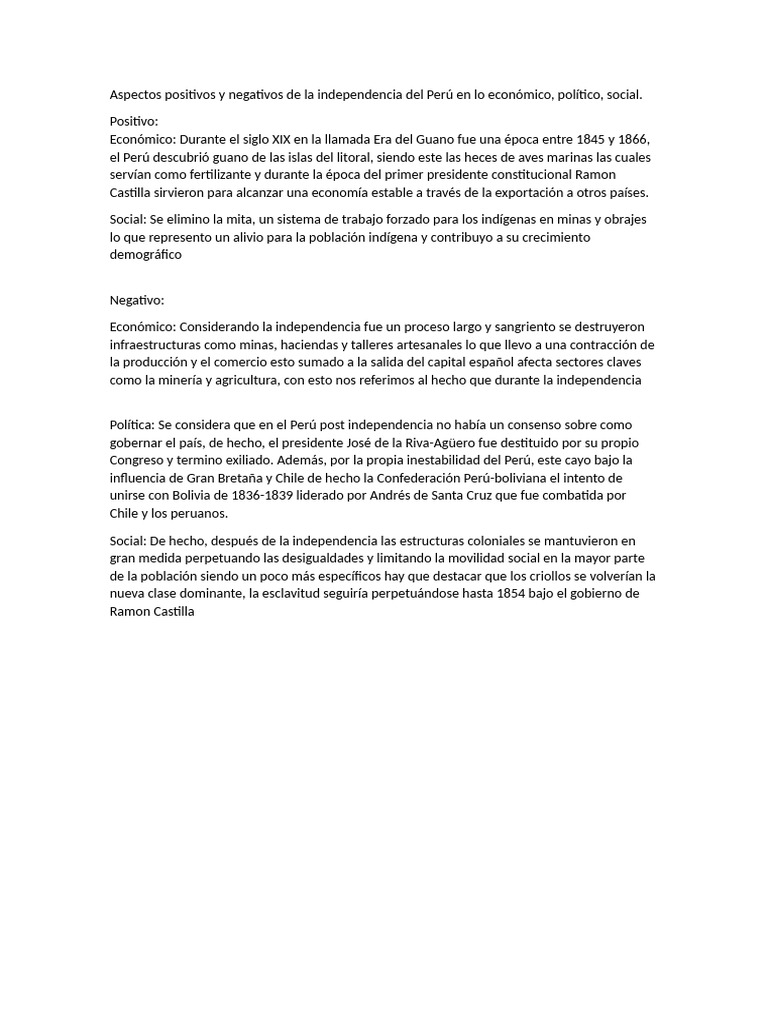 Aspectos Positivos y Negativos de La Independencia Del Perú en Lo ...