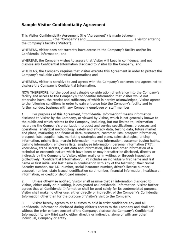 Visitor Confidentiality Agreement Template | PDF | Injunction | Legal ...