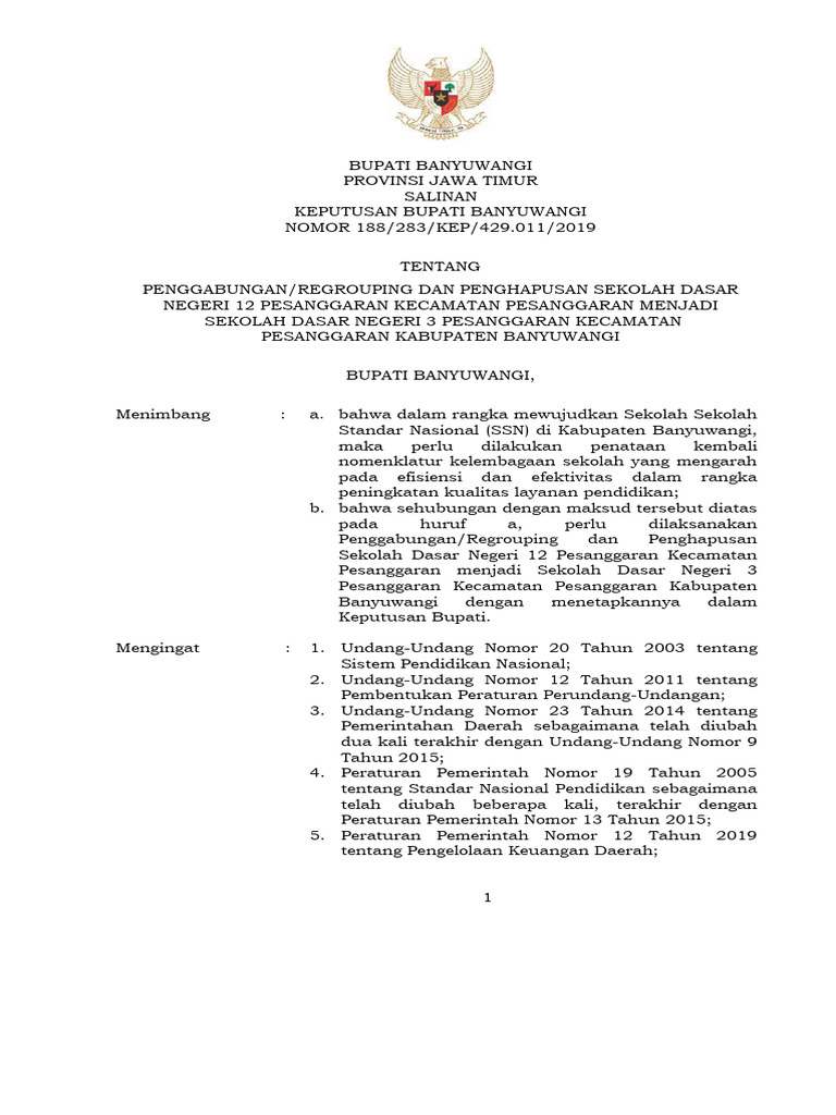 SK No 283 Tahun 2019 Penggabungan Penggabungan Sd1 | PDF