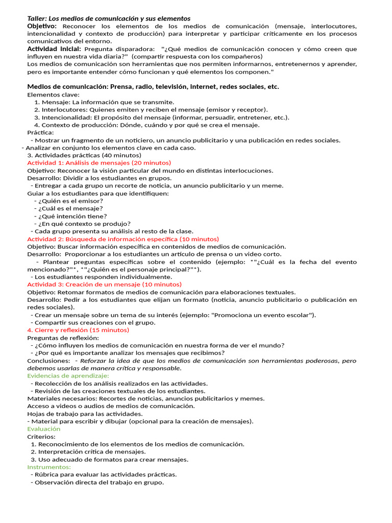 Taller Comunicacion | PDF | Comunicación | Medios de comunicación)