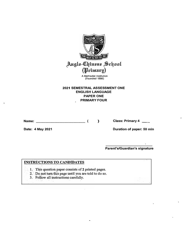 P4 English SA1 2021 Anglo Chinese School-Primary | PDF