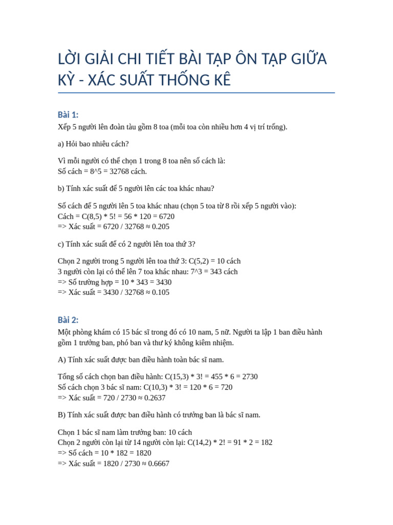 Loi Giai Day Du Bai Tap On Tap XSTK | PDF