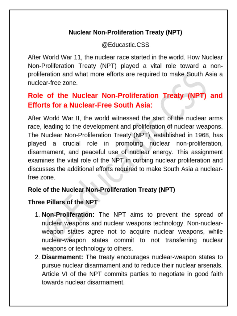 NPT's Role in South Asia's Disarmament | PDF | Treaty On The Non ...