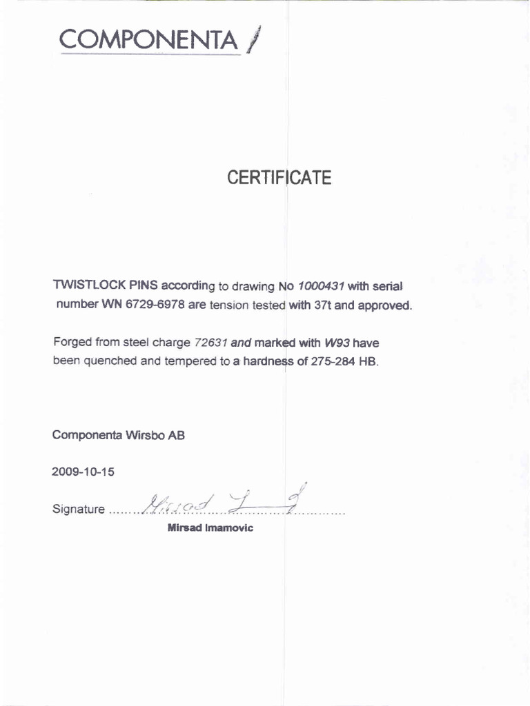 12228-30 Componenta Certificate | PDF