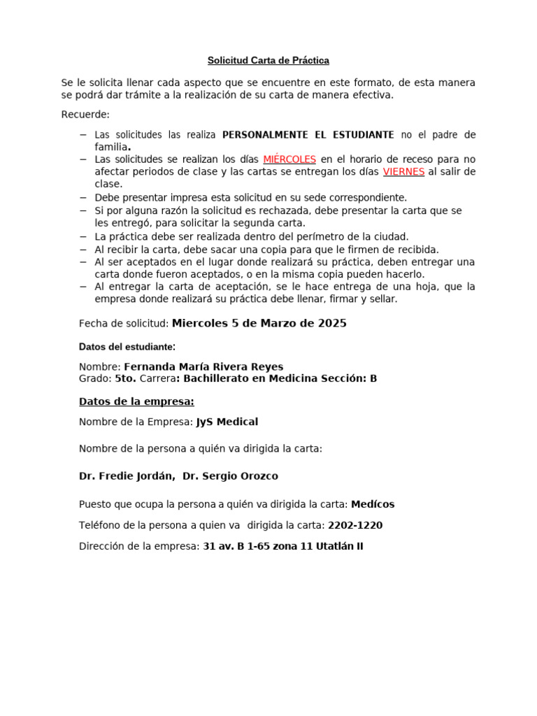 Solicitud Carta de Práctica 2025 | PDF