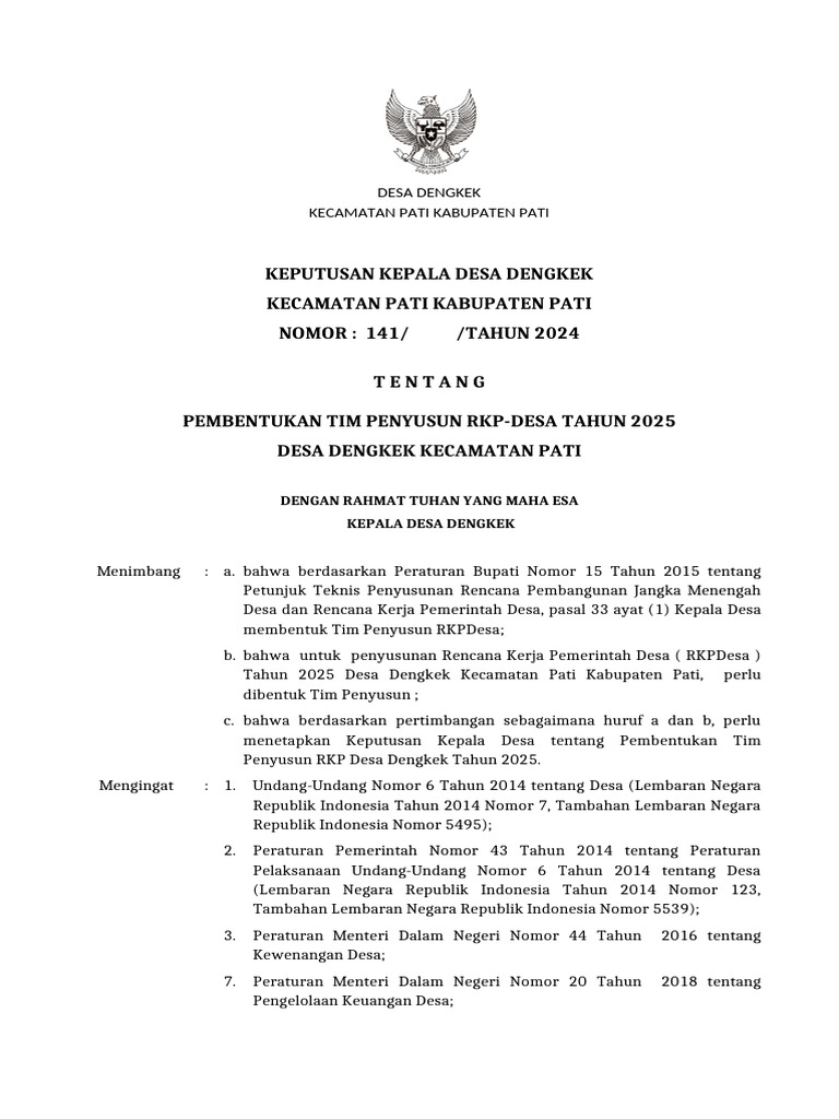 SK Kades Pembentukan Tim Penyusun Rkpdes 2025 | PDF