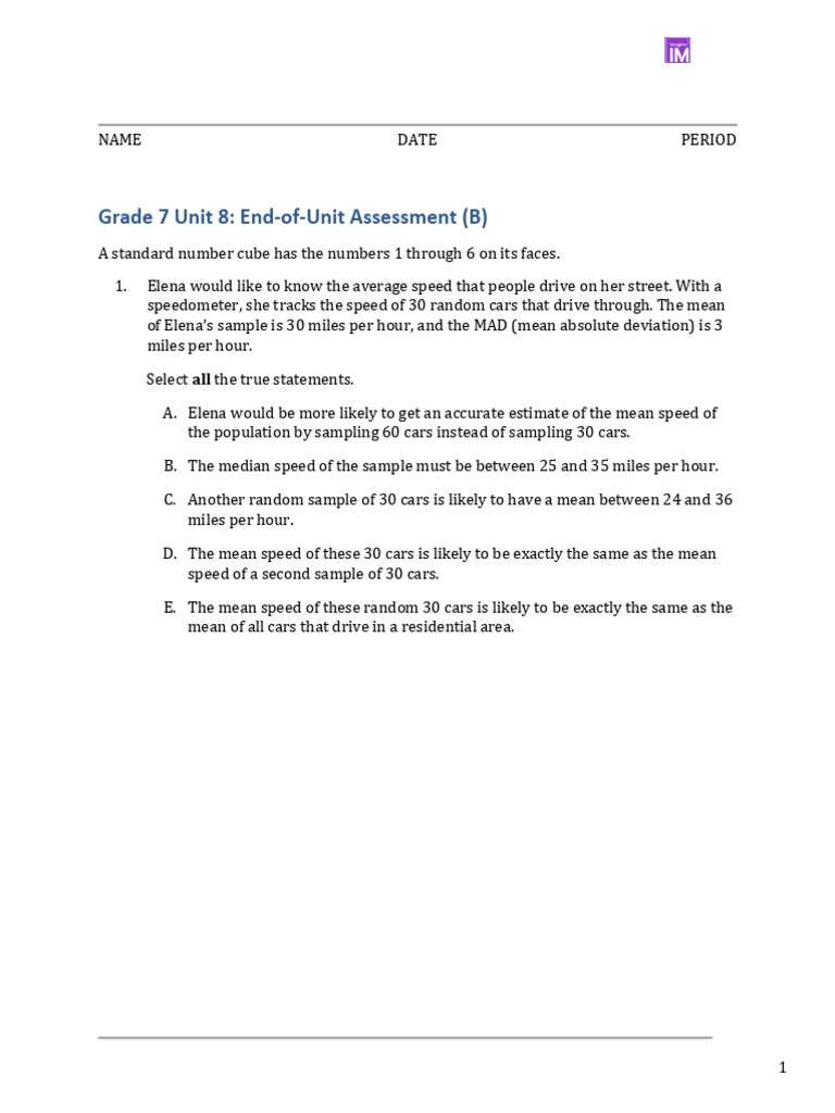Grade7 8 End of Unit Assessment (B) Assessment | PDF | Statistics | Statistical Analysis