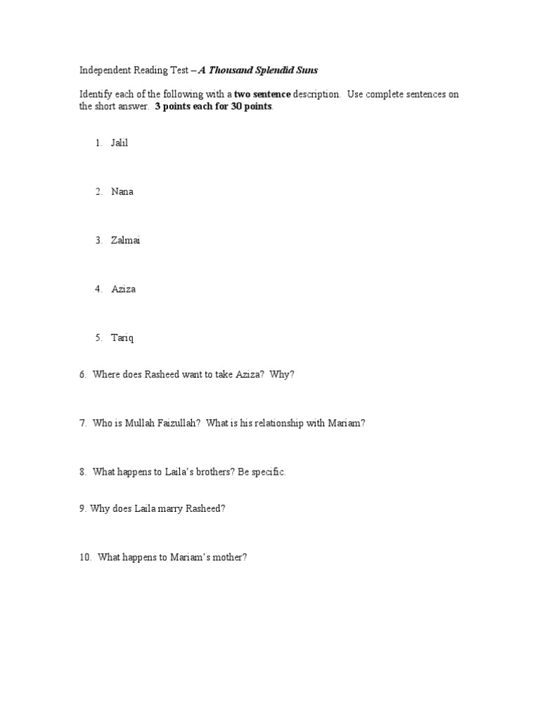 A Thousand Splendid Suns Test Guide | PDF | Language Arts & Discipline