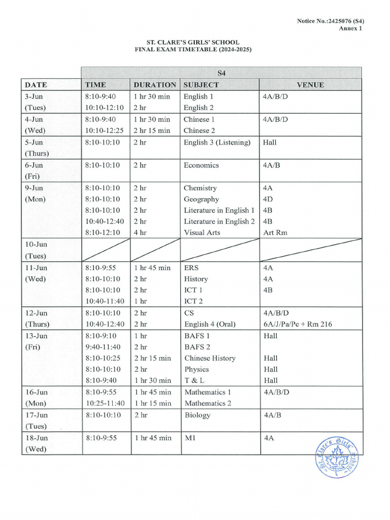 SCG S4 2024-25 Final Timetable | PDF
