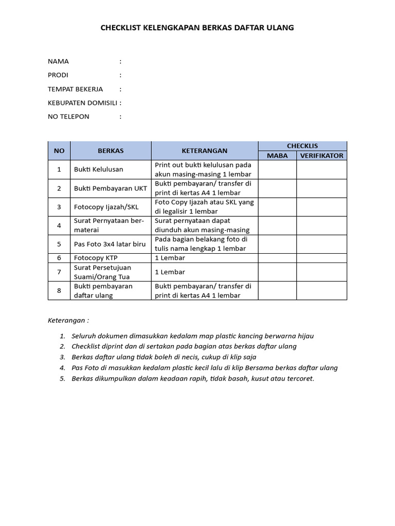 Checklist Kelengkapan Berkas Daftar Ulang | PDF