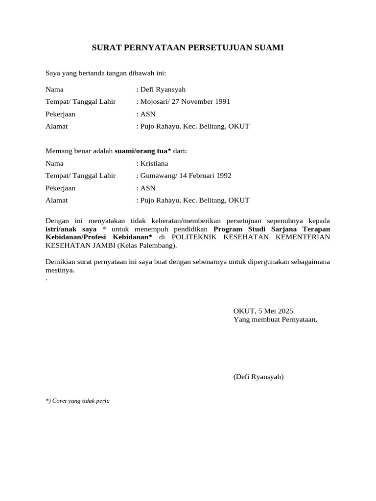 Surat Pernyataan Persetujuan Suami Atau Ortu | PDF