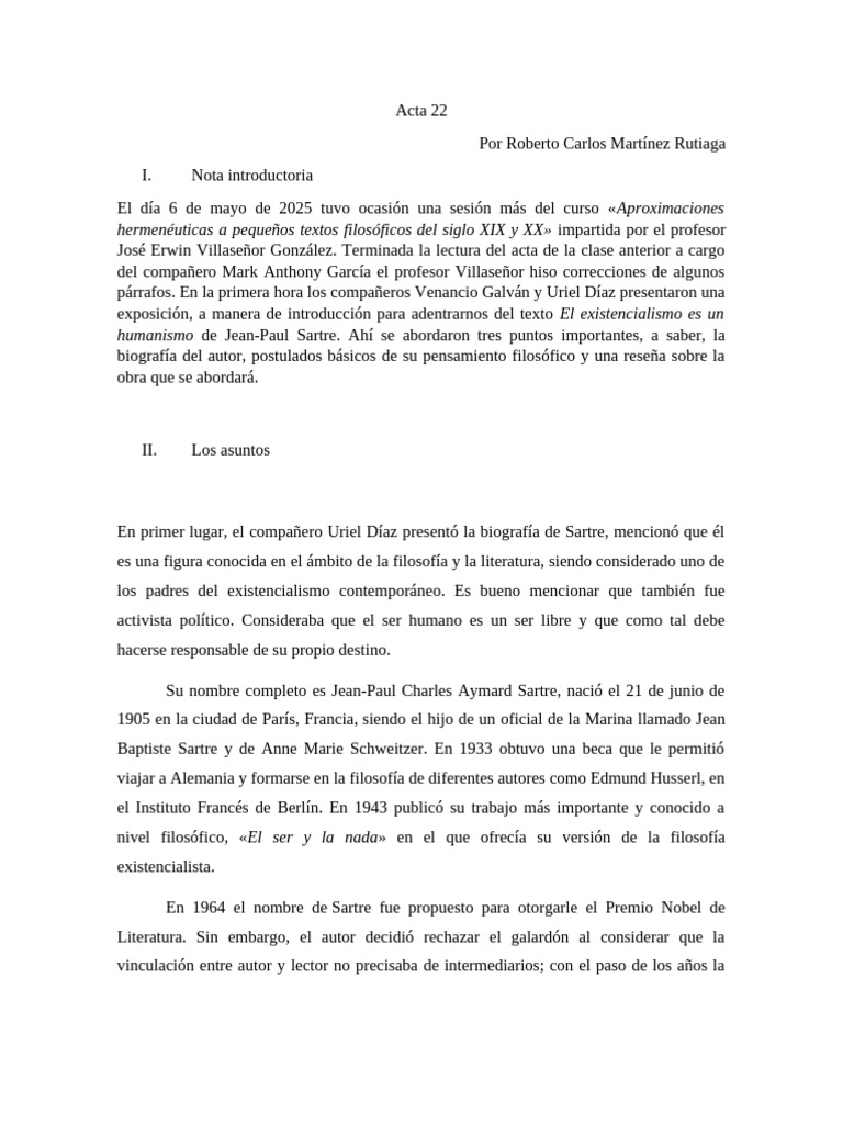 Acta 22 | PDF | Existencialismo | Jean Paul Sartre
