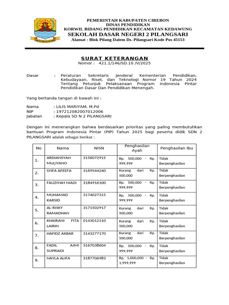 Srt-Keterangan Usulan PIP 2025 | PDF