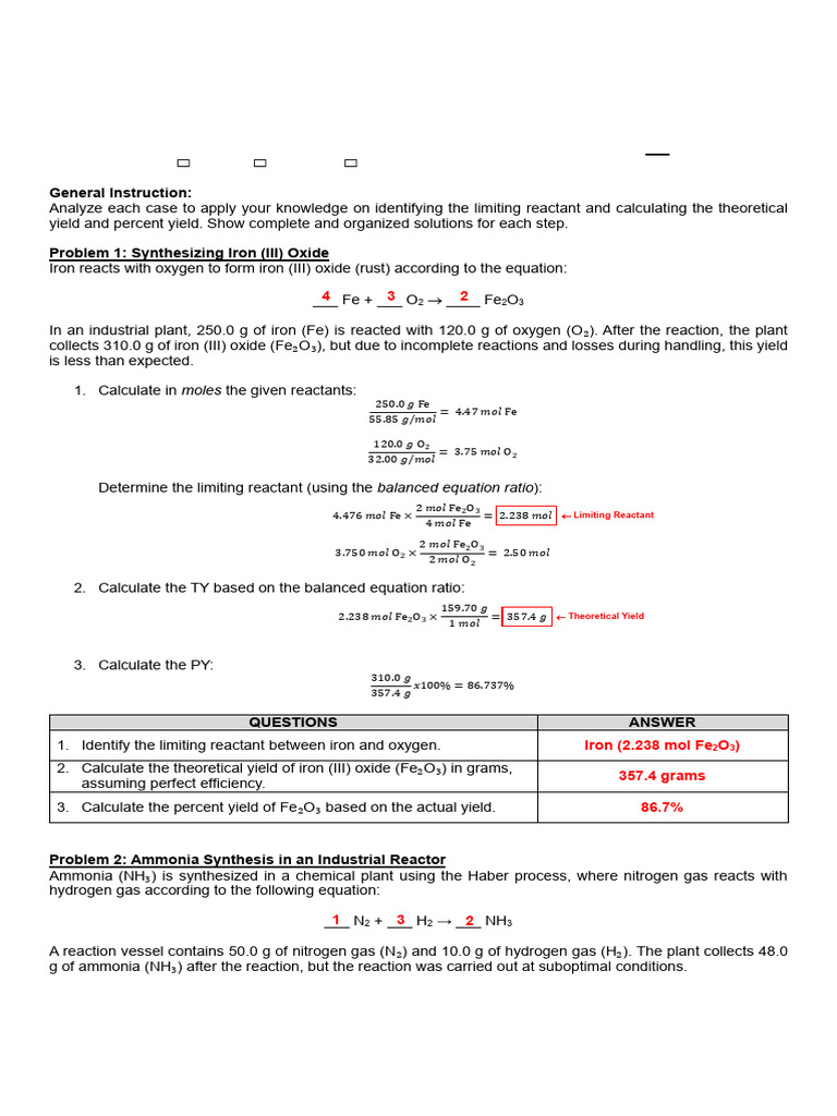 AnswerKey LimitingReactant Theoretical Yield PercentYeild | PDF ...