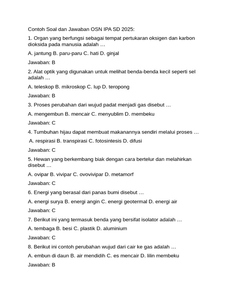Contoh Soal Dan Jawaban OSN IPA SD 2025 Edit | PDF