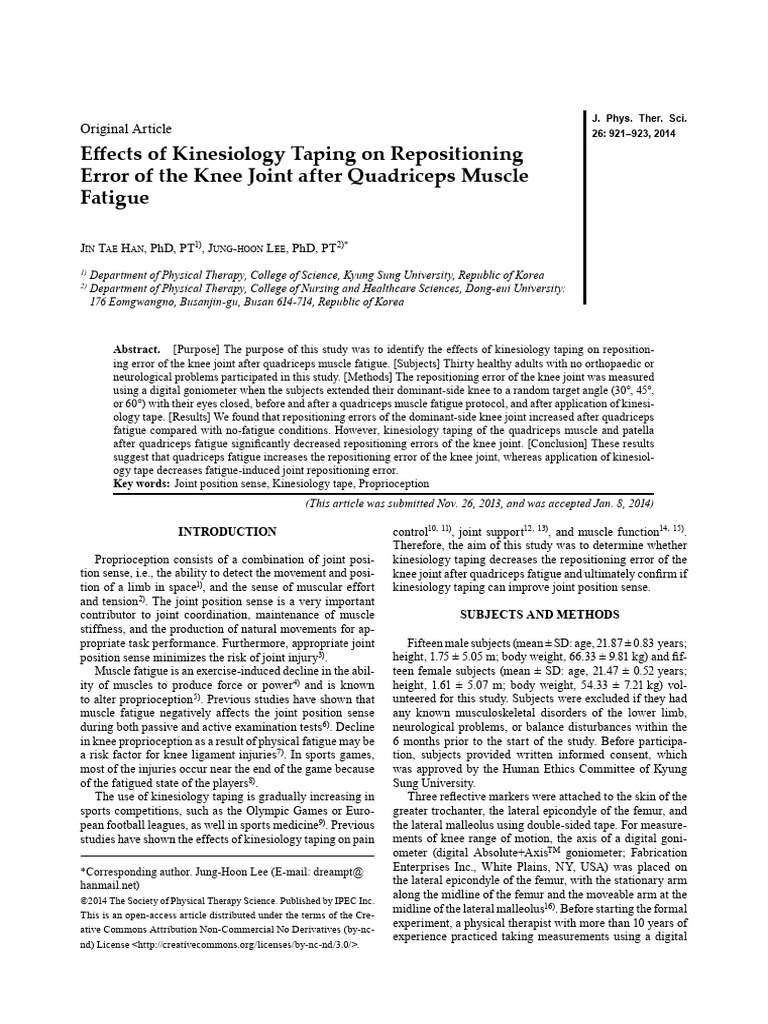 Effects of Kinesiology Taping On Repositioning Error of The Knee Joint ...