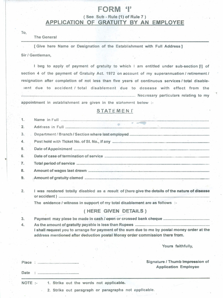 Form I For Gratuity Application | PDF