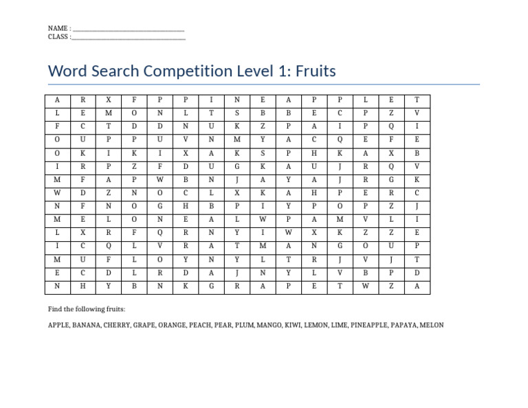 Fruit Word Search Table | PDF