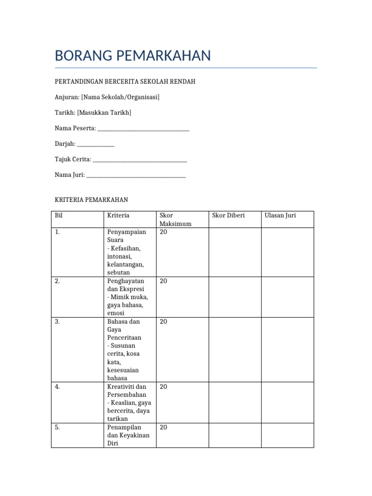 Borang Pemarkahan Bercerita Sekolah Rendah | PDF