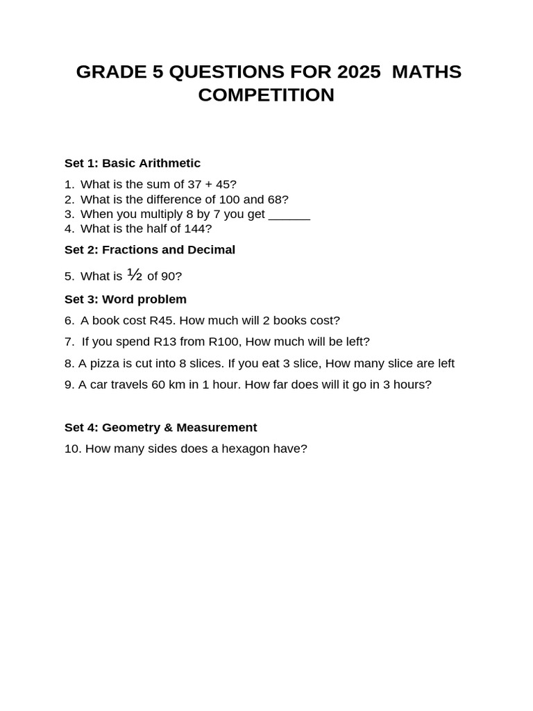 Grade 5 Maths Competition 2025 Questions | PDF