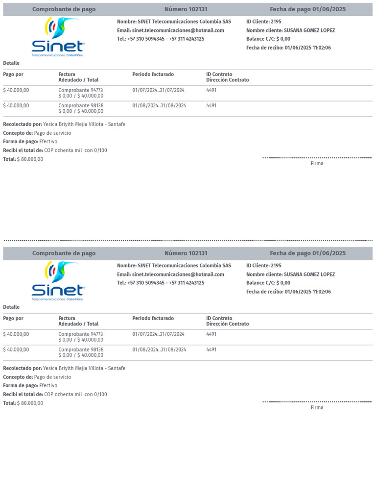 Comprobante de Pago SINET Telecomunicaciones | PDF