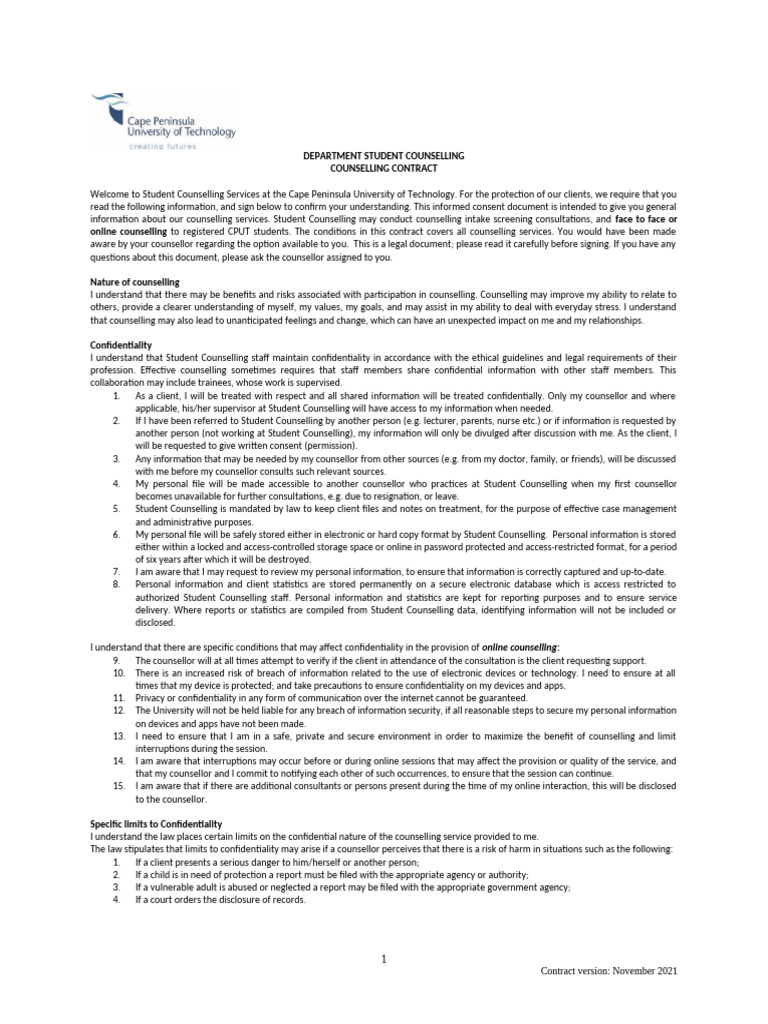 Student Counselling Contract 2023 | PDF | Confidentiality | Psychology