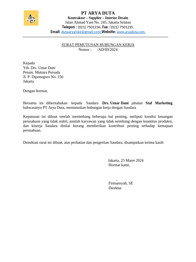 Pemutusan Hubungan Kerja PT Arya Duta | PDF