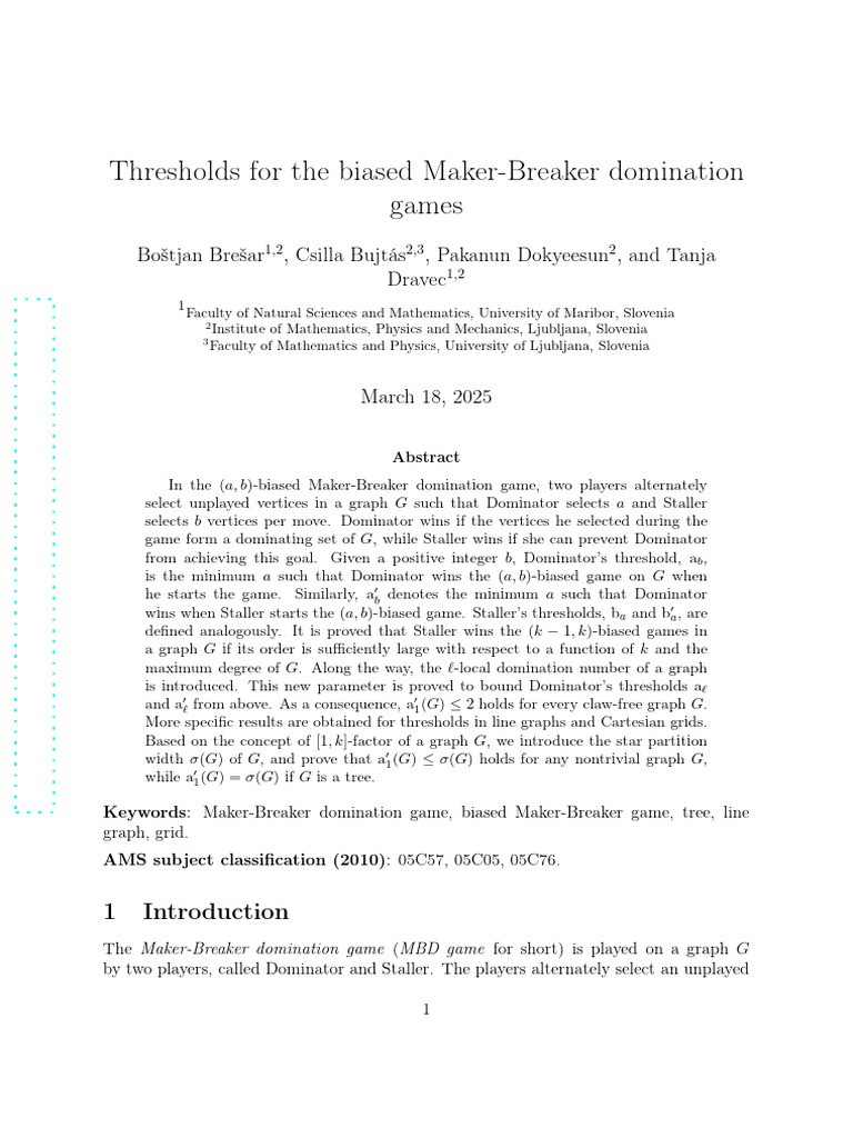 Thresholds For The Biased Maker-Breaker Domination | PDF | Vertex ...