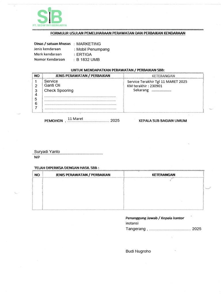 Form Service Kendaraan b1832 Umb | PDF