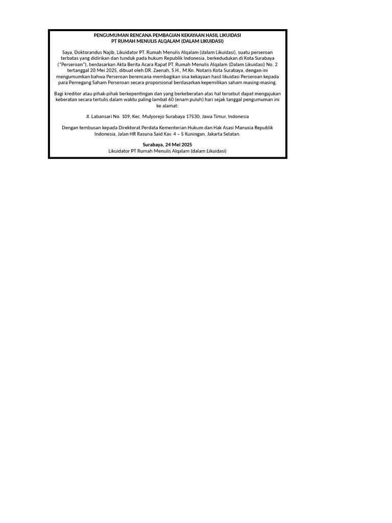 Contoh Iklan Pembubaran PT | PDF