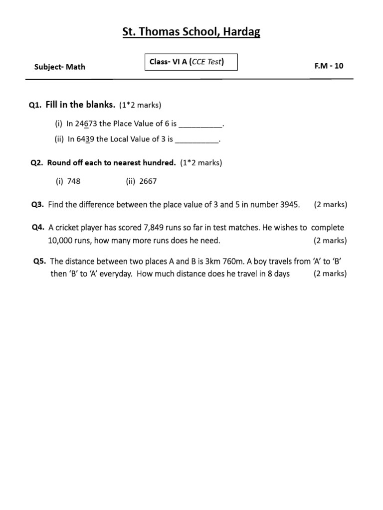 Math Test for Class VI A - St. Thomas | PDF