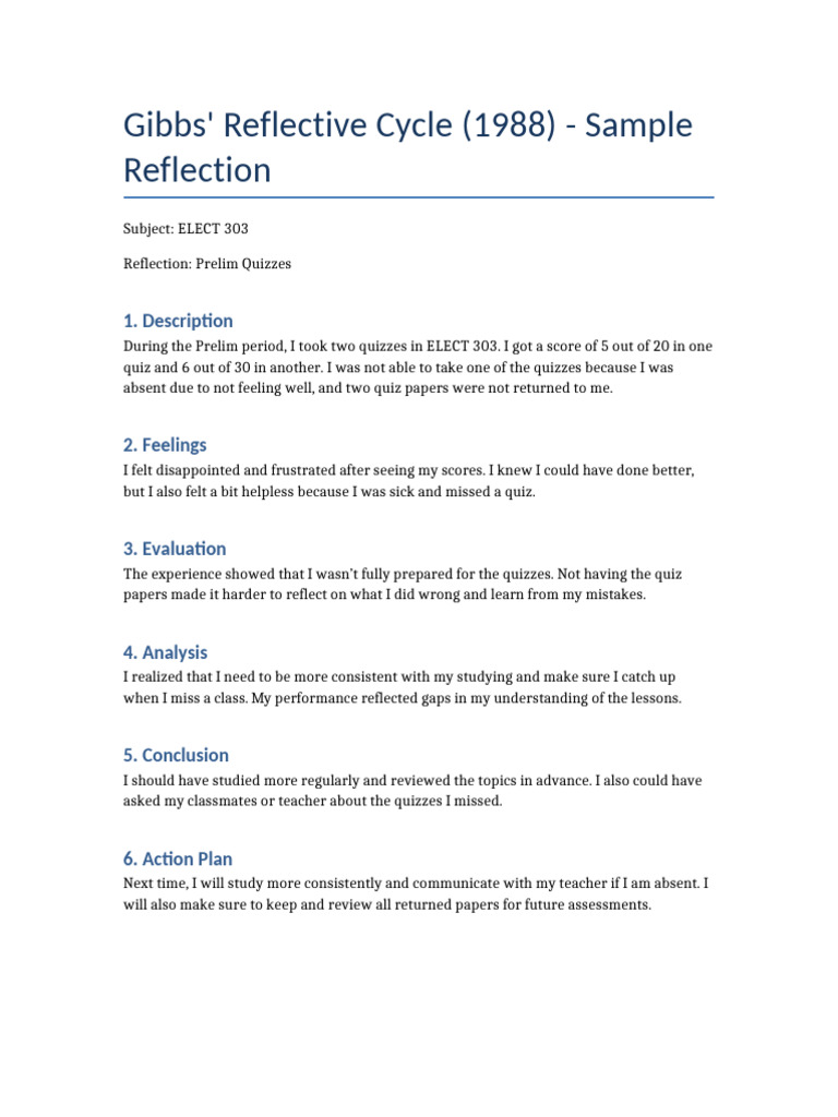 Gibbs Cycle Reflection on Quiz Performance | PDF | Quiz | Cognitive Science