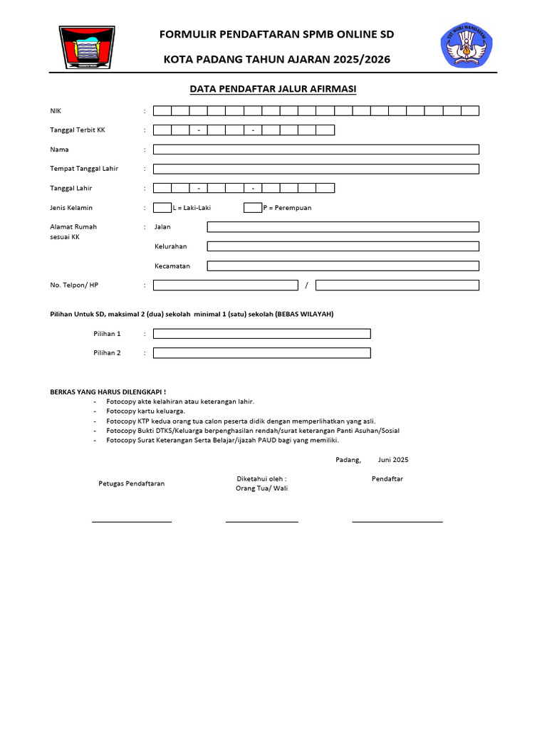 Formulir Ppdb Online Sd 2025-Afirmasi | PDF