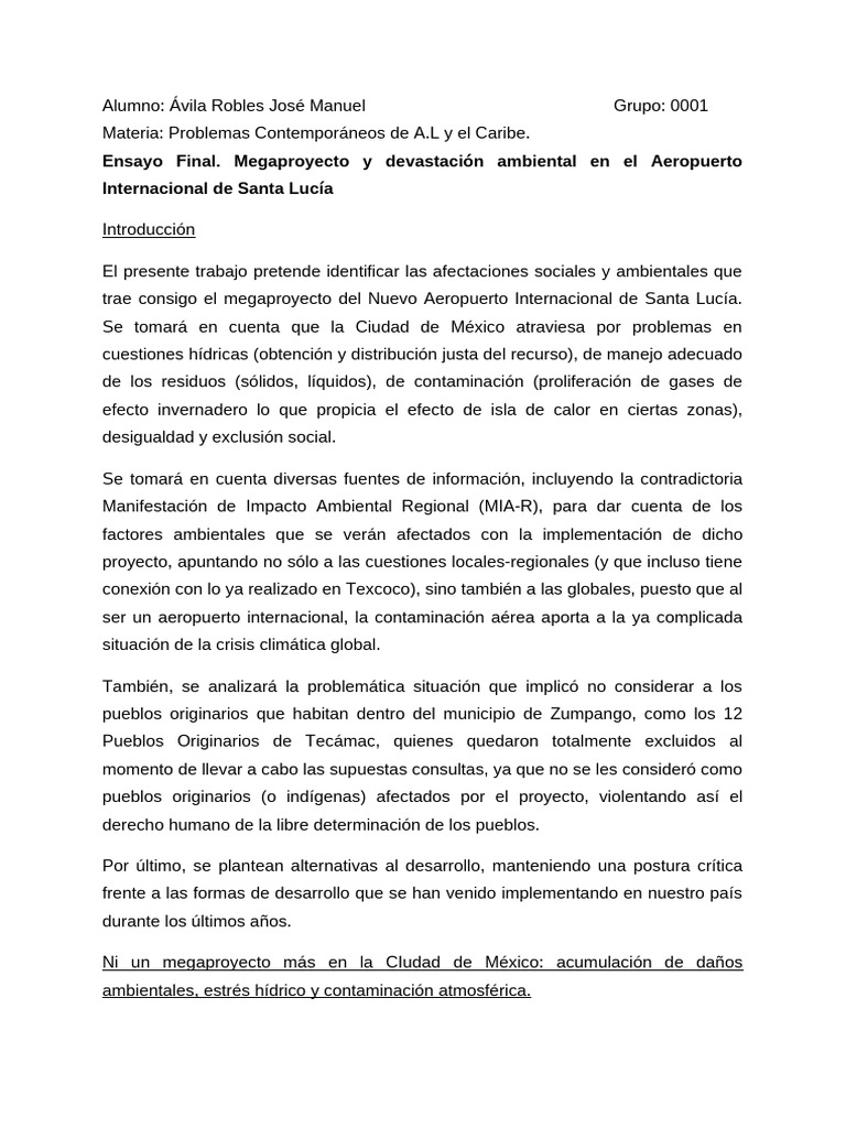 Ensayo Final Problemas Contemp. A.L - José Ávila | PDF | Aeropuerto | Contaminación