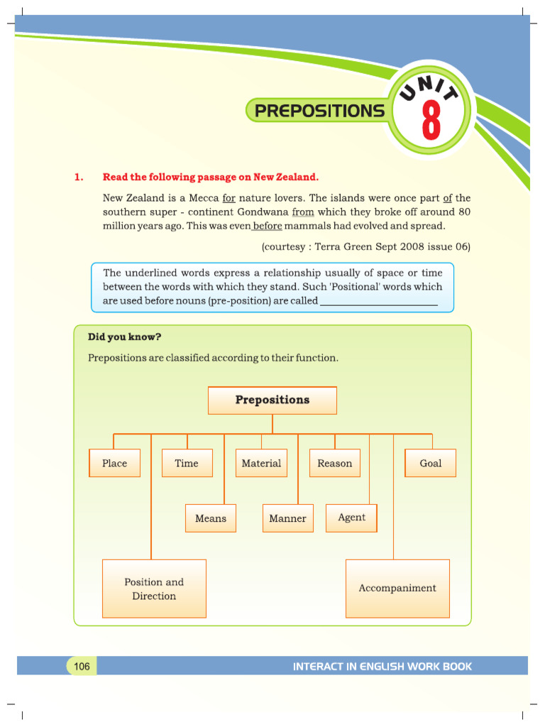 NCERT Class 9 English WorkBook Unit 8 Prepositions | PDF