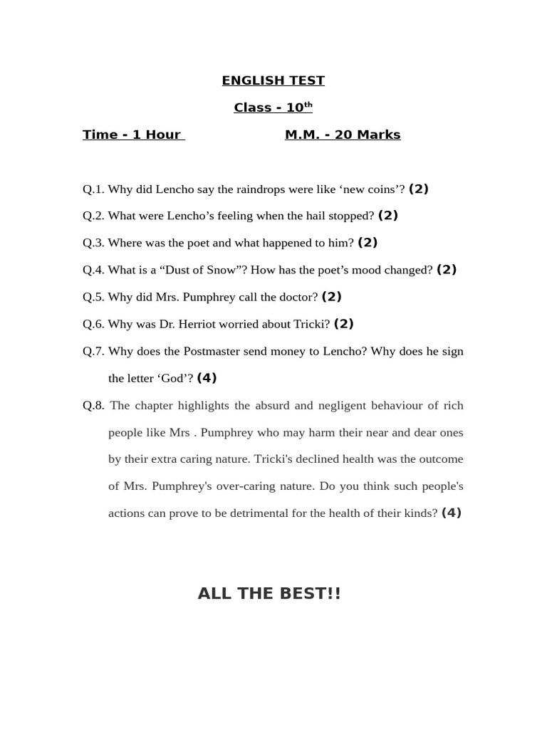 ENGLISH TEST Class 10th 7th June 2025 | PDF