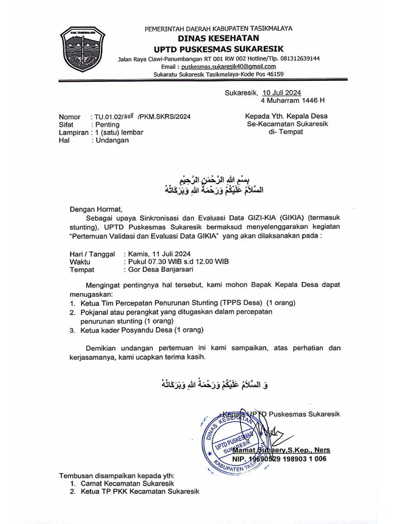 Undangan Pertemuan Validasi Dan Evaluasi Data Gizi KIA | PDF