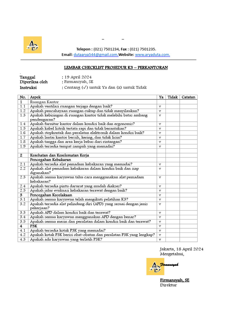 2.1.5 - Daftar Checklist Prosedur k3 Perkantoran | PDF