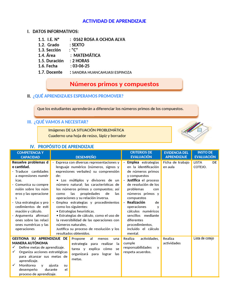 D2 A1 SESION MAT. Números primos y compuestos | PDF | Aprendizaje ...