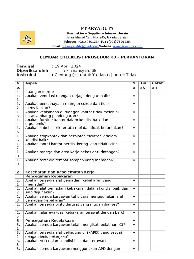 2.1.5 - Daftar Checklist Prosedur k3 Perkantoran | PDF