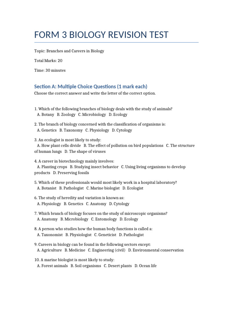 Form 3 Biology Career Quiz | PDF