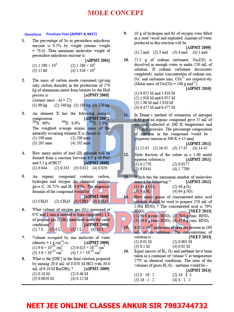 Mole Concept MCQ Ex-4 Neet Pyq | PDF | Mole (Unit) | Atoms