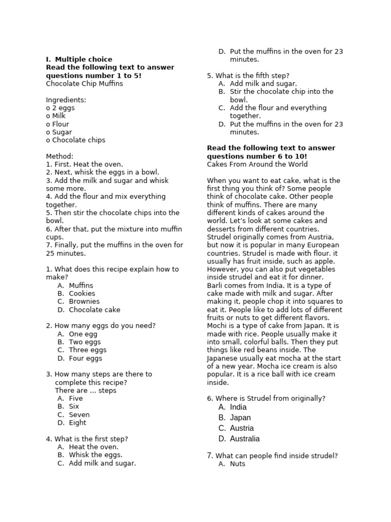 Grade 5 Mid Term Test 1 | PDF | Cakes | Muffin