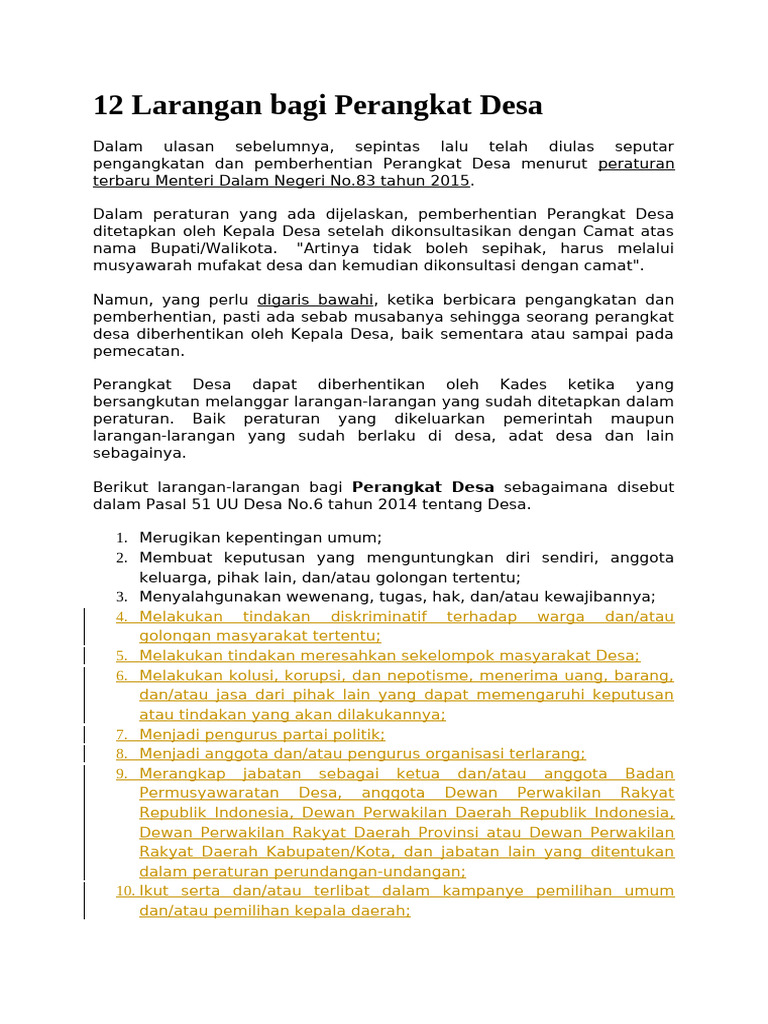 12 Larangan Bagi Perangkat Desa | PDF