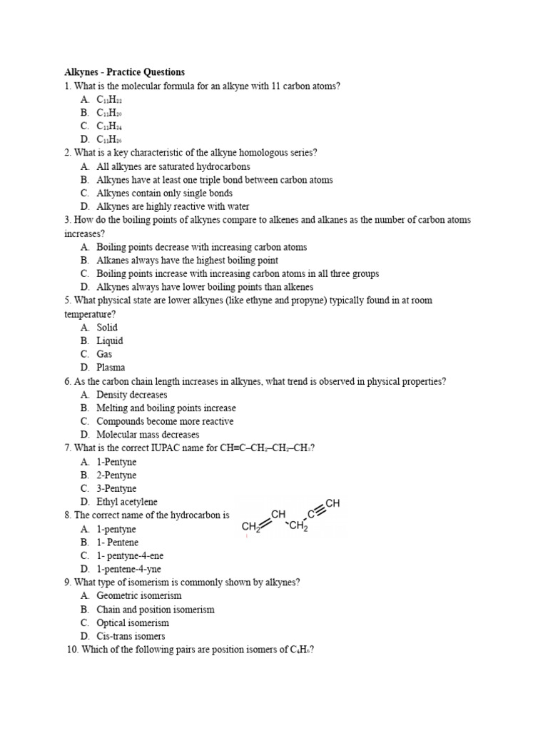 Practice Questions - Alkynes | PDF | Isomer | Alkane