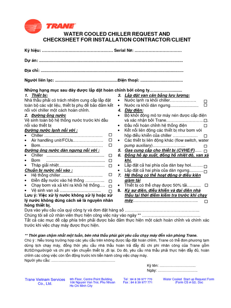 Water Cool Start Up Request Form (VI) .PDF - Chay May Trane TV | PDF
