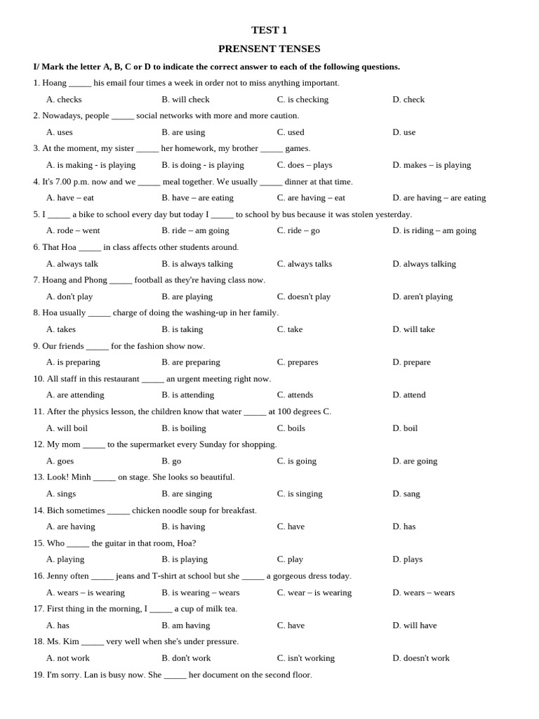 1.2 Test 1 - Present Tenses | PDF
