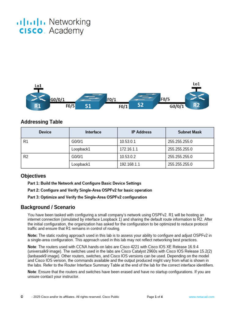 Configure Single-Area OSPFv2 Lab | PDF | Wide Area Network | Networking ...